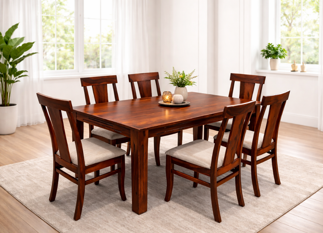Compact 6 Seater Dining Set with cushioned chair in Honey Finish ...